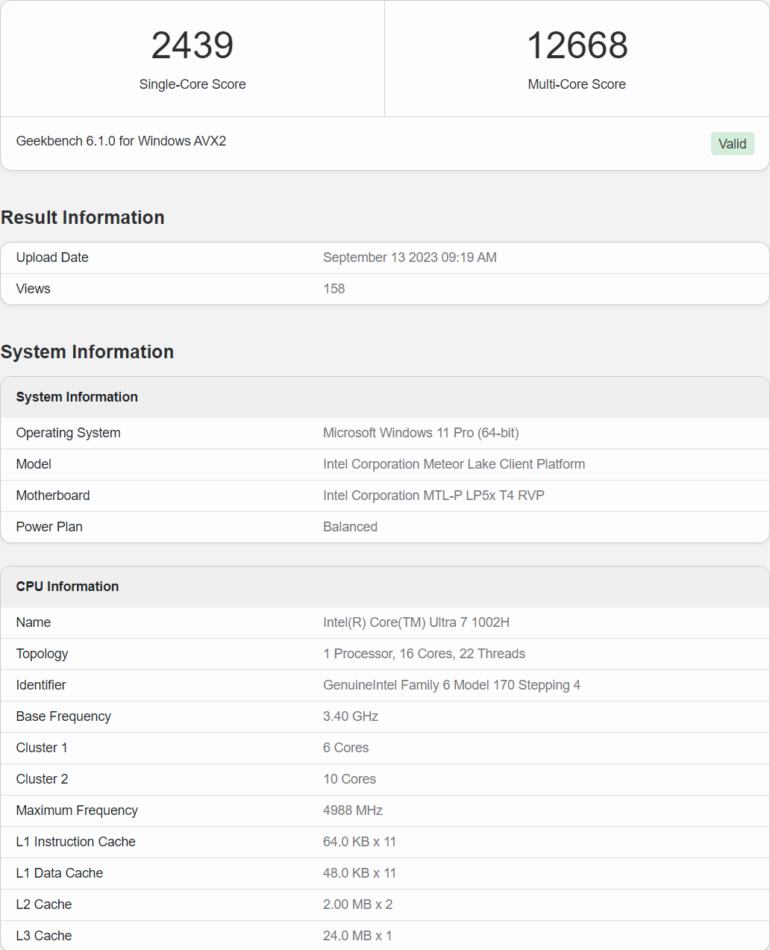 Intel Core Ultra 7 1002H Meteor Lake CPU Spotted